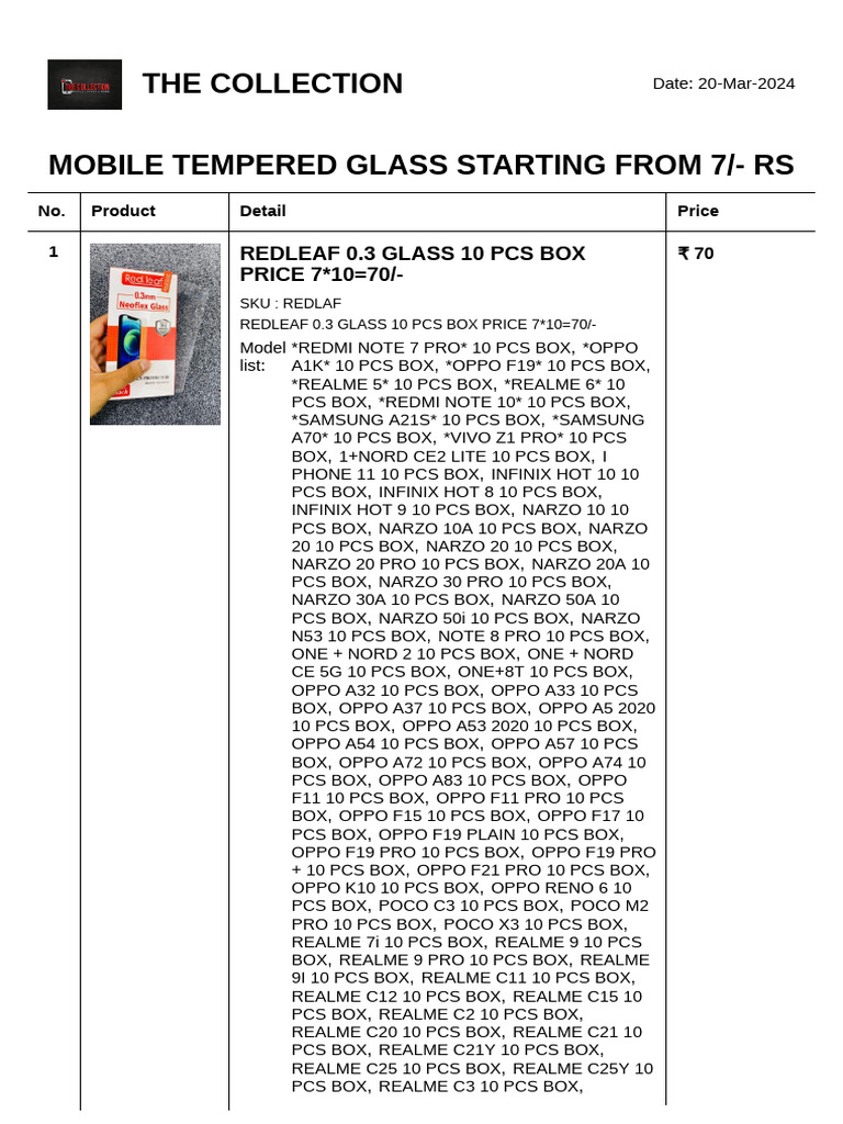 The Collection Mobile Tempered Glass Starting From 7/-Rs: Redleaf 0.3 Glass 10 Pcs Box PRICE 7 ...