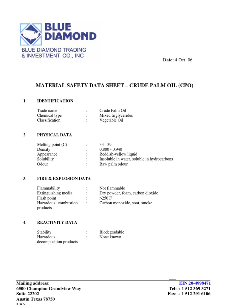 02 Crude Palm Oil MSDS | PDF | Oil Spill | Water