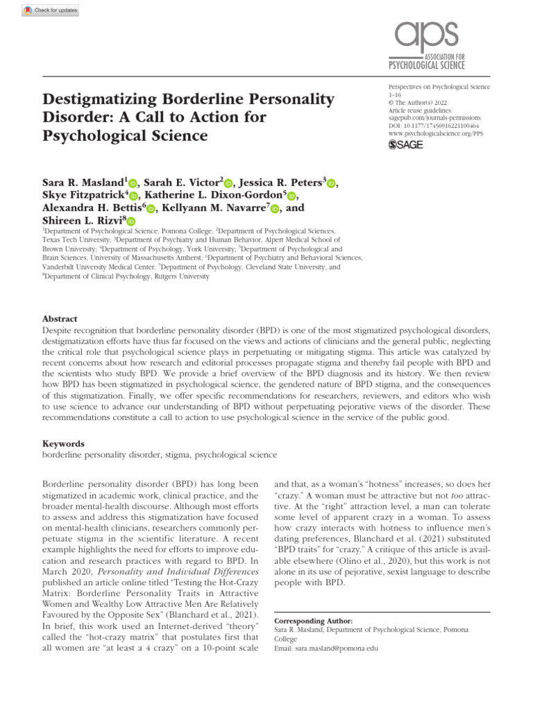 Destigmatizing Borderline Personality Disorder - A Call To Action For Psychological Science ...