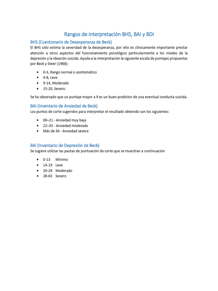 Rangos de Interpretación BHS, BAI y BDI | PDF