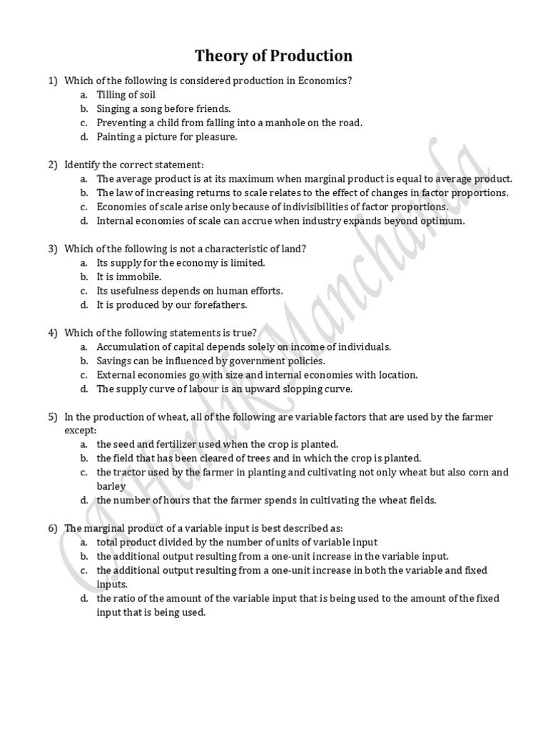 Production MCQs | Download Free PDF | Production Function | Marginal Cost