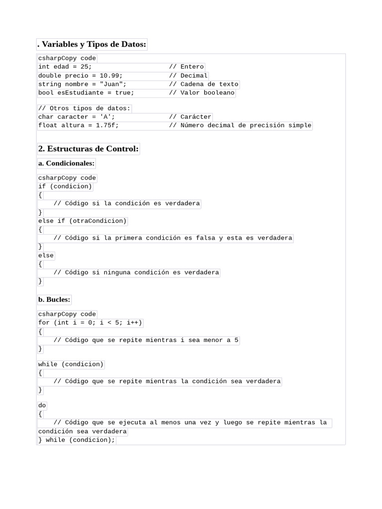 chuleta c# | PDF | Programación de computadoras | Lógica matemática