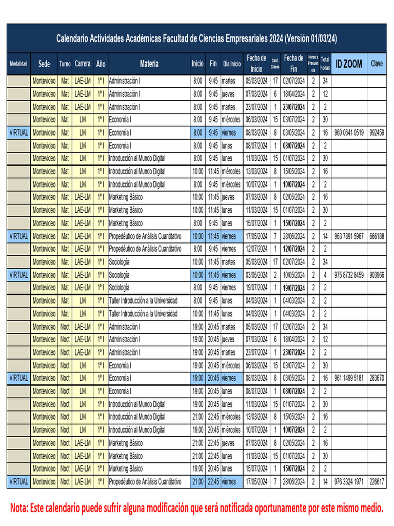 Calendario ANUAL 2024 FCE 01 MAR para publicar LM sede MVD (1) | PDF ...