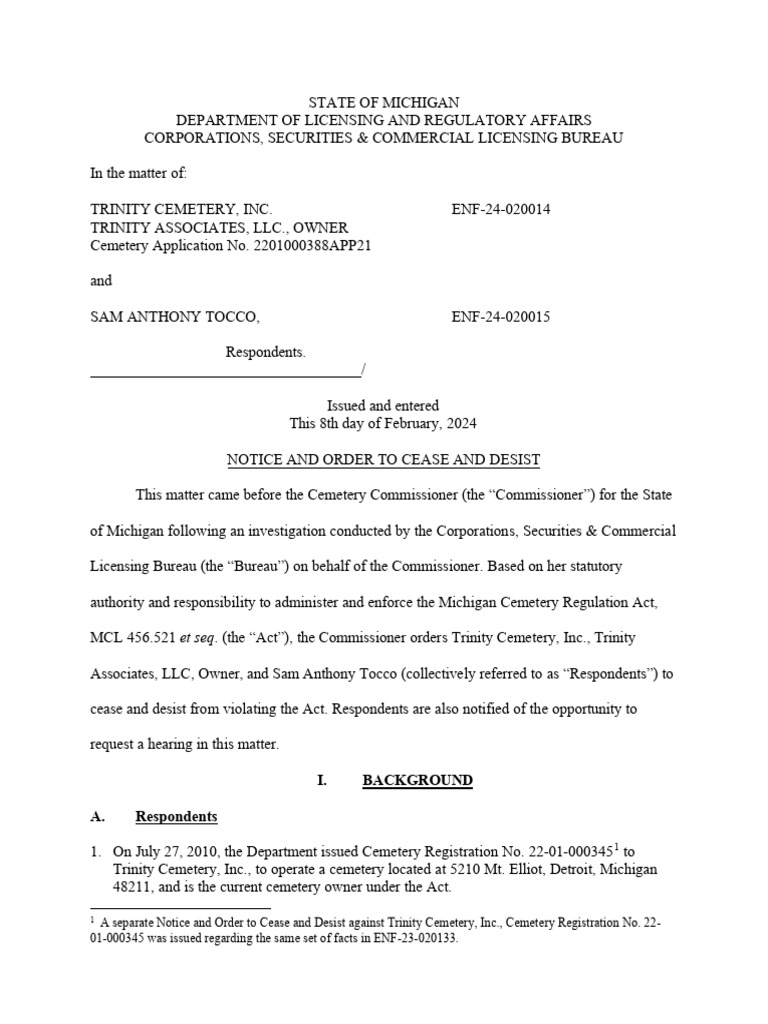 Cease and Desist Order for Trinity Cemetery | PDF | Fine (Penalty) | Burial