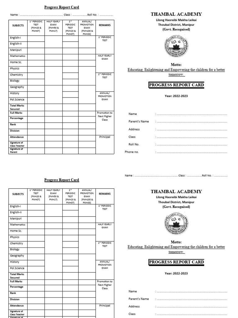 REPORT CARD FORMAT For Class 9 & 10 2023 | PDF | Educational Stages ...