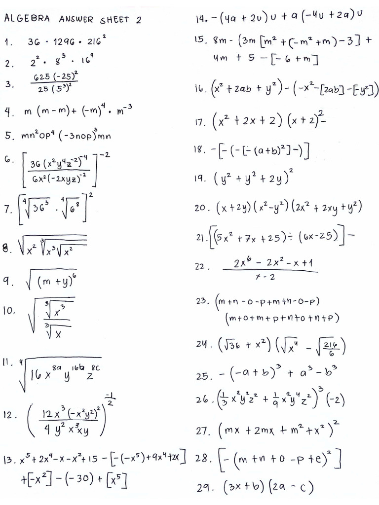 ALGEBRA-ANSWER-SHEET-2 | PDF