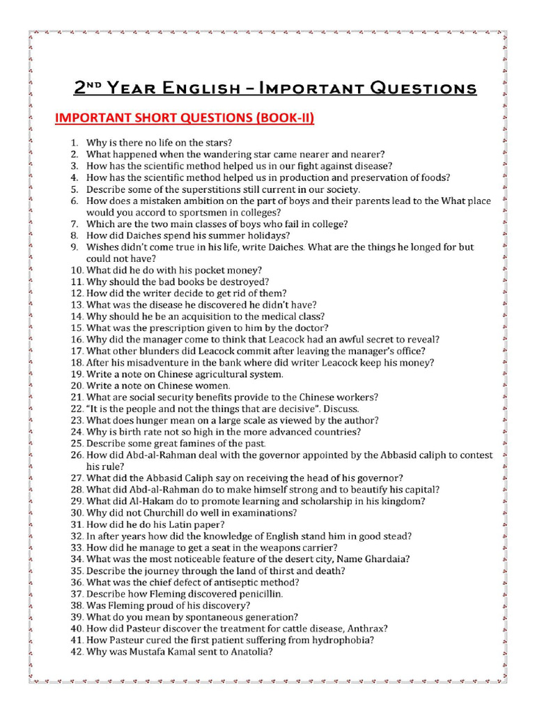 2nd Year English Most Important Questions 2023 | PDF