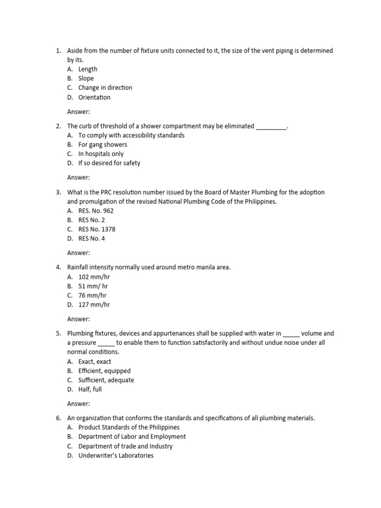 Plumbing Code Exam Questions | PDF | Plumbing | Storm Drain