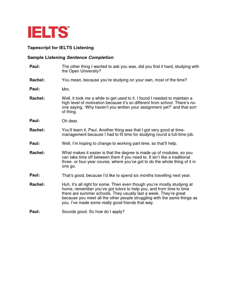 IELTS Listening - Sentence Completion - Transcript Answer - Global | PDF