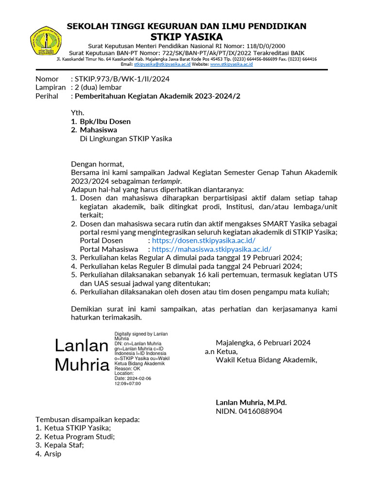 Edaran Kegiatan Akademik Genap 2023 - 2024 - Signed | PDF