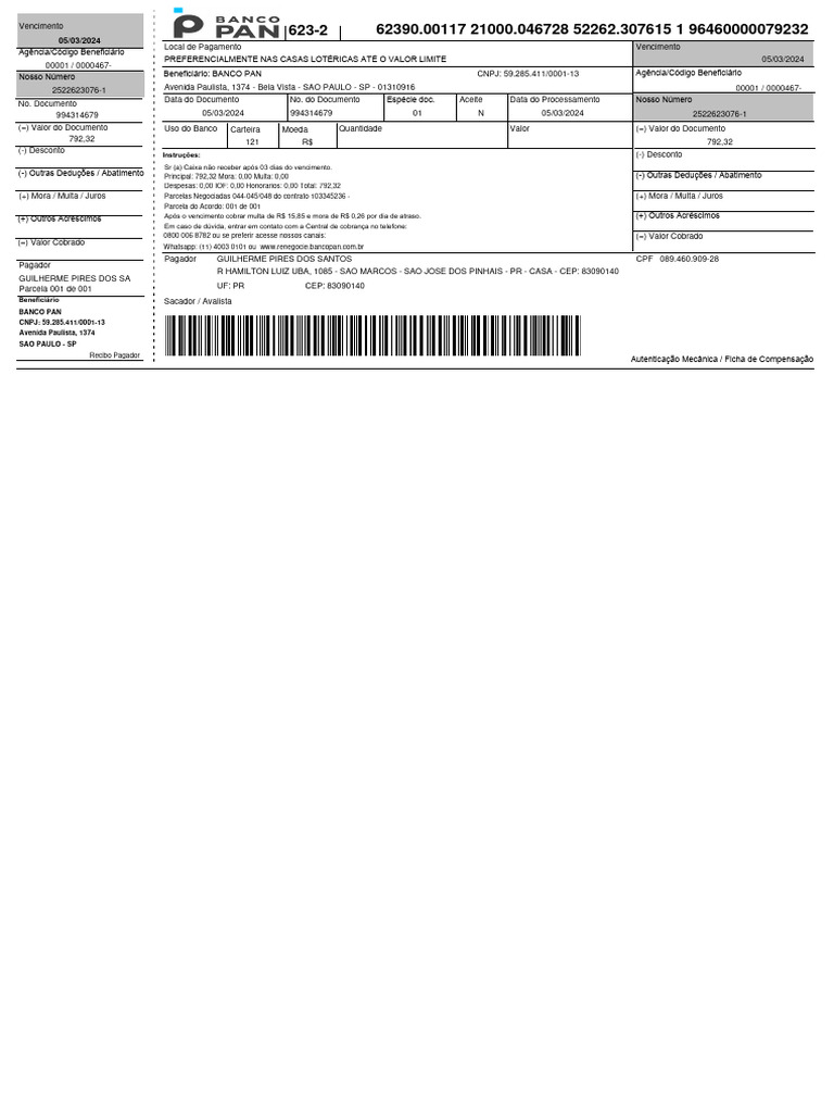 Boleto Banco Pan - Vencimento 05/03/2024 | PDF | Tecnologia financeira ...