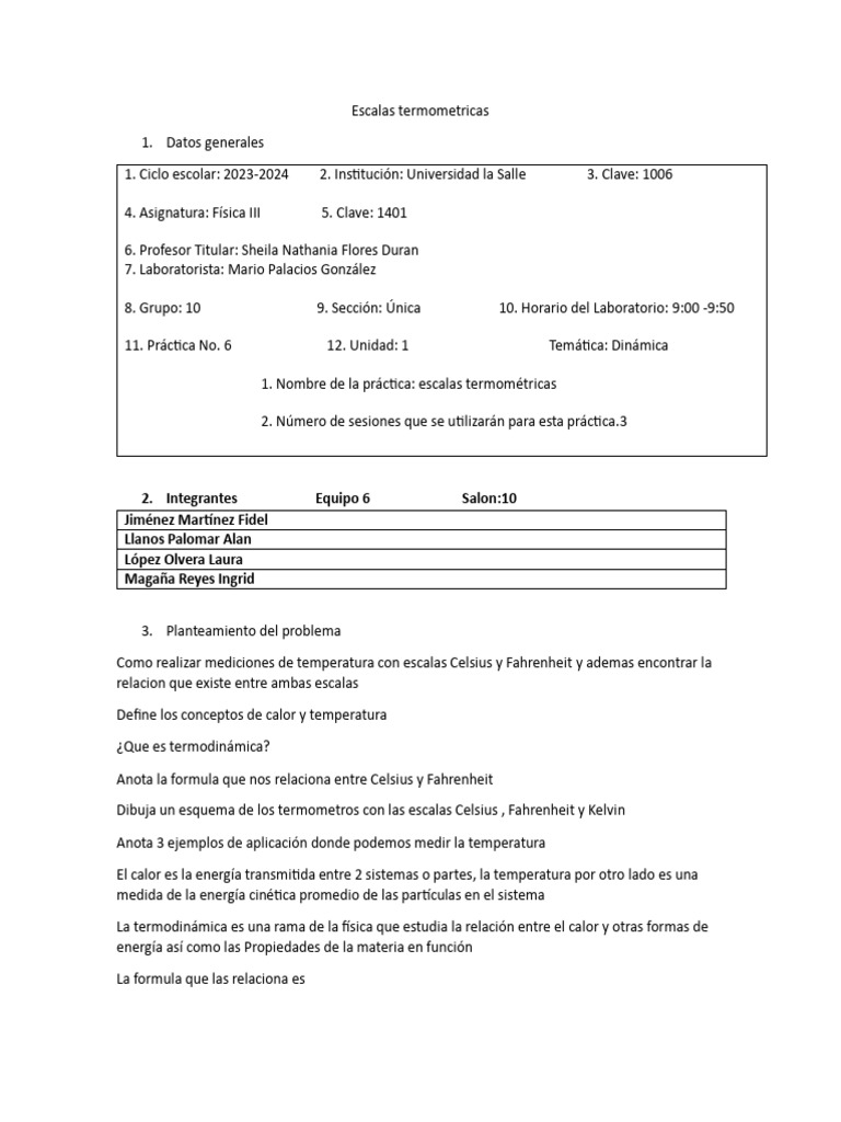 Práctica 7 Termo Dinámica Equipo 6 | PDF | Temperatura | Fahrenheit