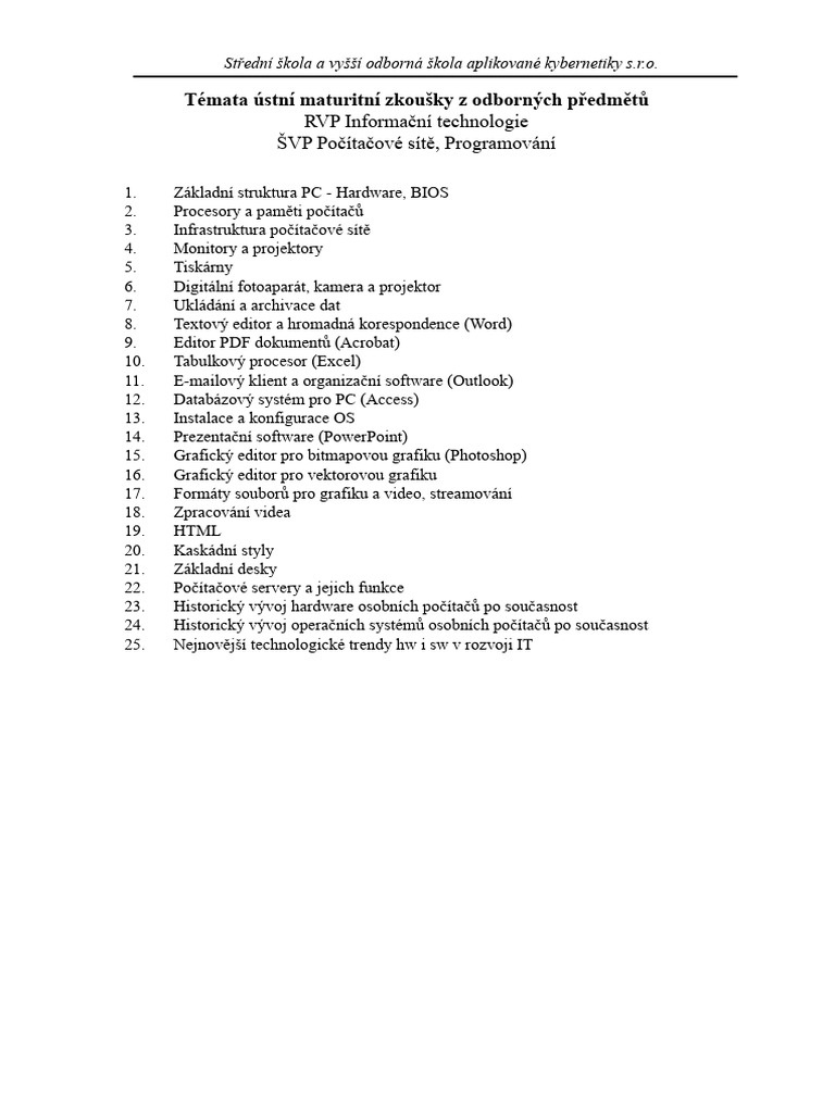 Teoretická Maturita Témata VYT 2022 - 2023 | PDF