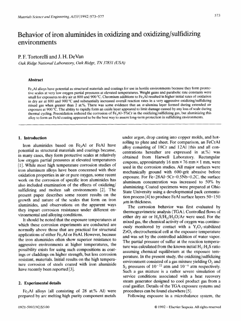 Tortorelli1992 - Behavior of Iron Aluminides in Oxidizing | PDF ...