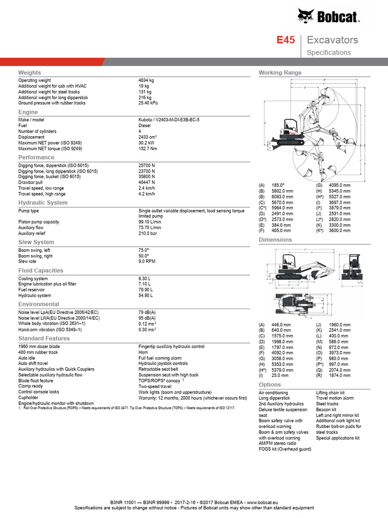Bobcat E45 Specifications | PDF | Engines | Vehicle Technology