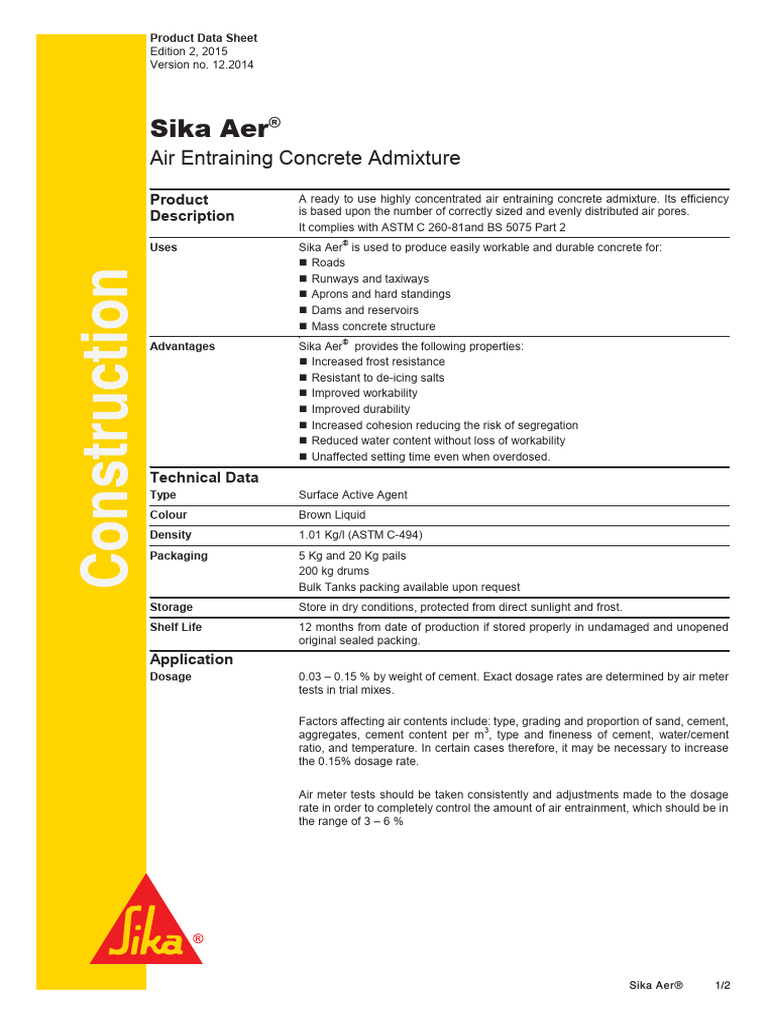 Sika Aer Air Entraining | PDF | Concrete | Materials