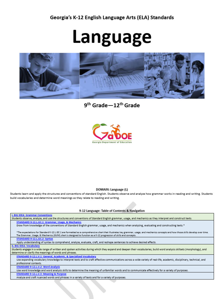 Georgia ELA Standards for Grades 9-12 | PDF | Verb | Vocabulary
