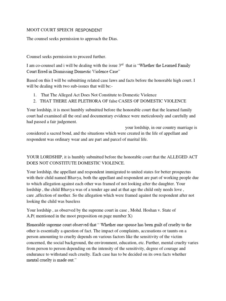 Moot Court Speech on Domestic Violence Case | PDF | Domestic Violence ...