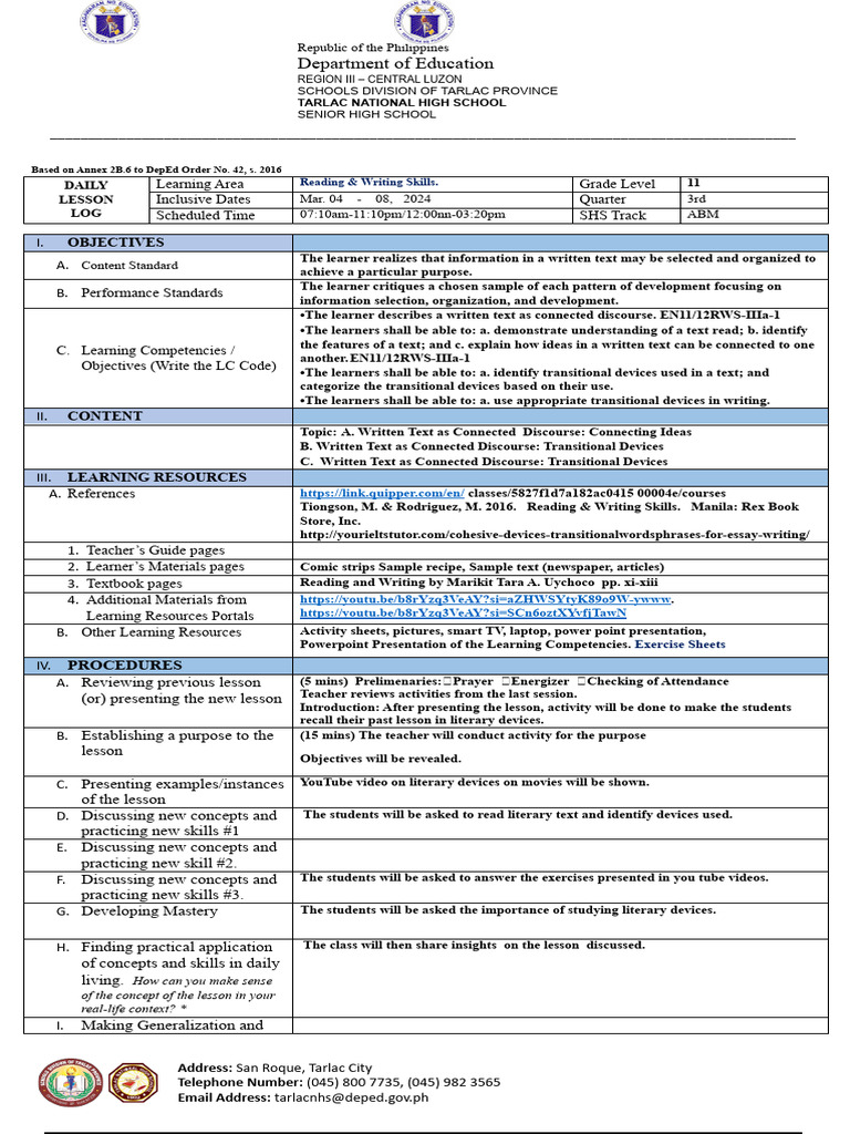 RCD DAILY-LESSON-LOG-READINGSem 2023 2024 SECOND SEM WEEK FIFTH | PDF | Learning | Teachers