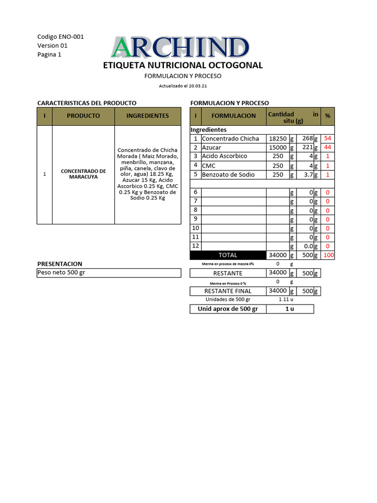 Modelo de Confeccion de Tabla Nutricional y Octogono Producto 1 | PDF | Etiqueta de información ...