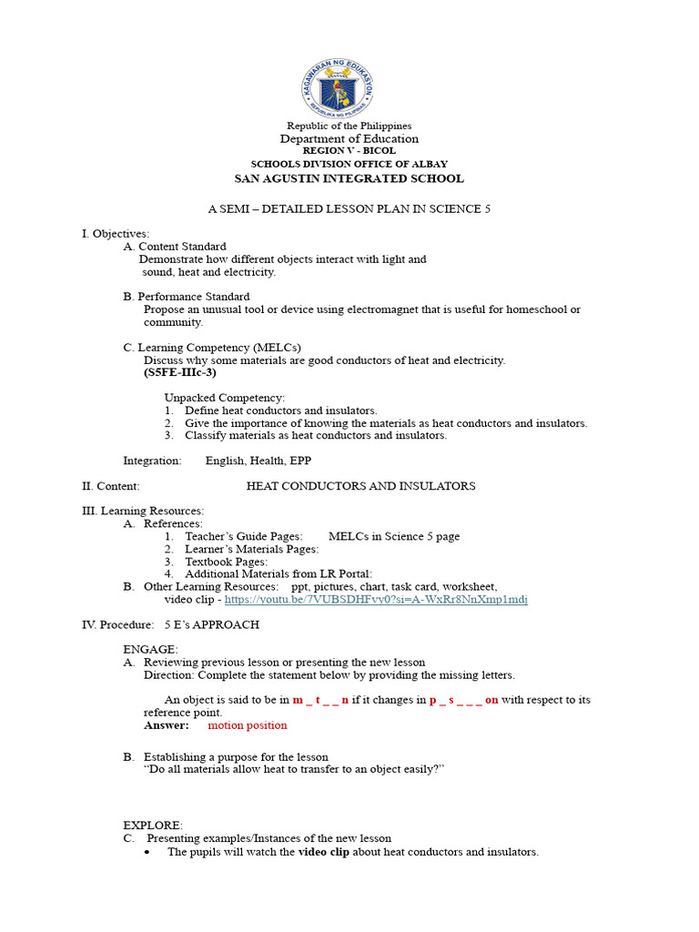 Semi-Detailed Lesson Plan in Science 5 | PDF | Electrical Conductor ...