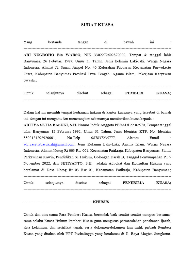 Surat Kuasa Ari Nugroho | PDF
