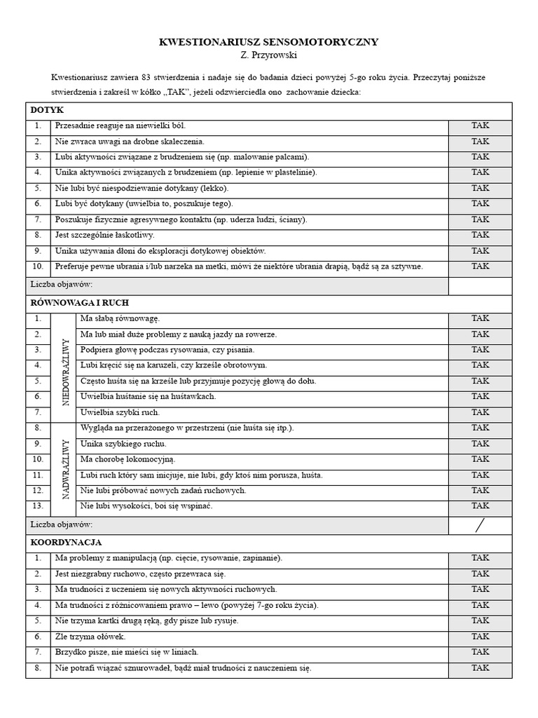 Kwestionariusz Sensomotoryczny | PDF