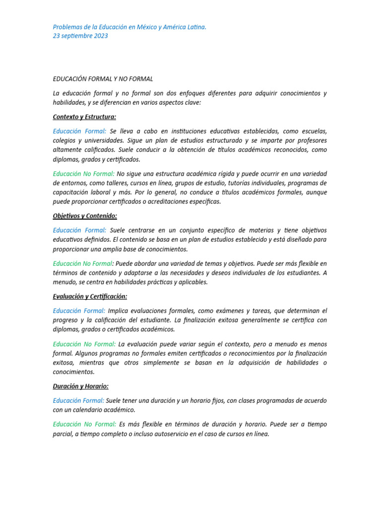 EDUCACIÓN FORMAL Y NO FORMAL 1a Evaluación | PDF | Plan de estudios | Titulo academico