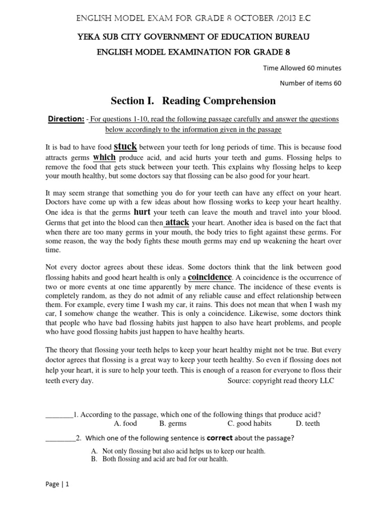 3rd Round English Model Exam For Grade 8 | PDF | Linguistics