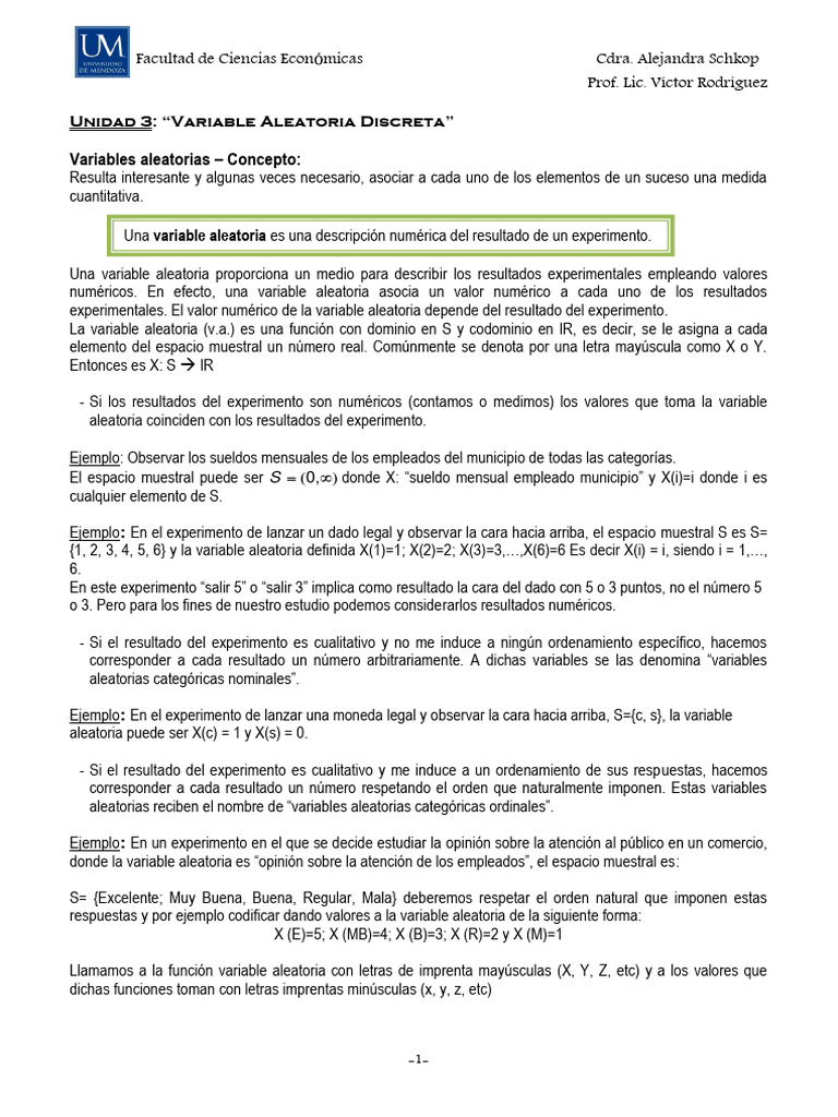 Unidad 3 Variable Discreta Pdf Variable Aleatoria Variable 0650