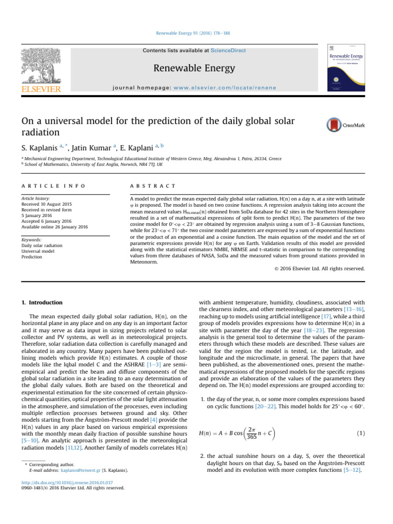 On A Universal Model For The Prediction of The Daily Global Solar ...