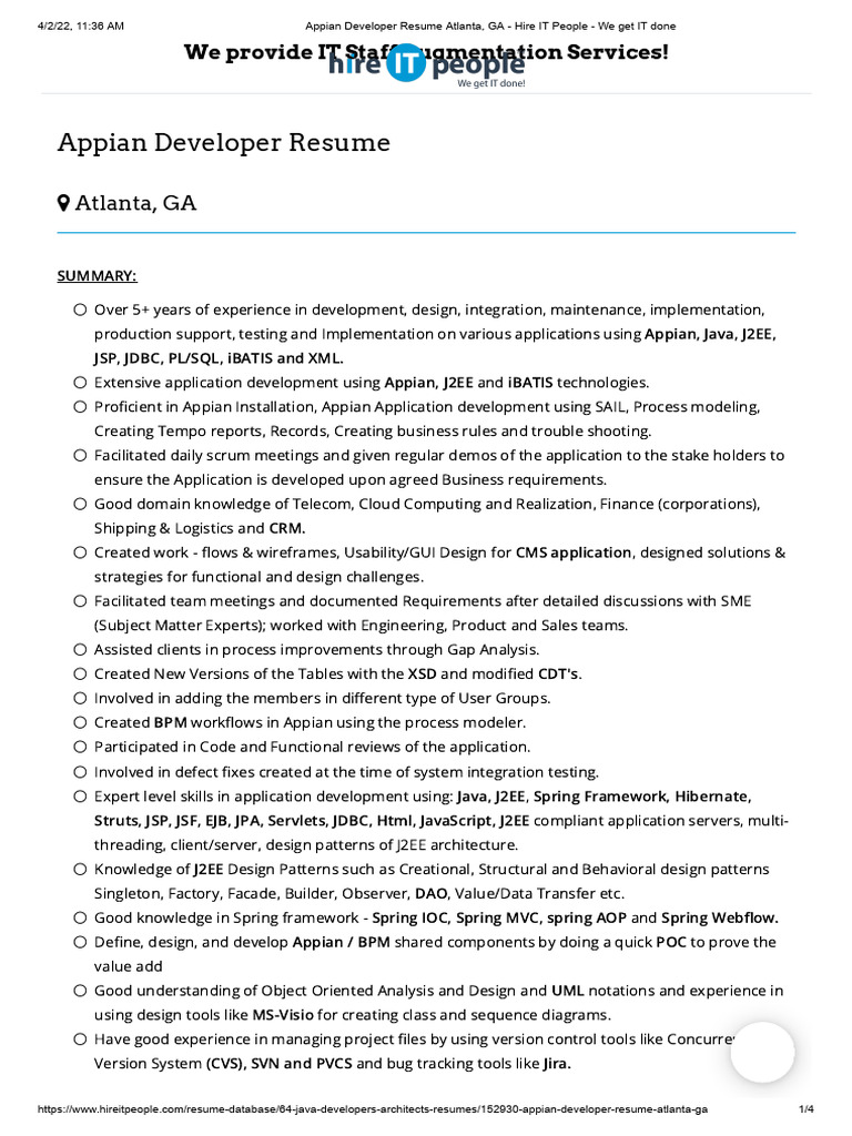 Appian Developer Resume Atlanta, GA - Hire IT People - We Get IT Done | PDF | Business Process ...