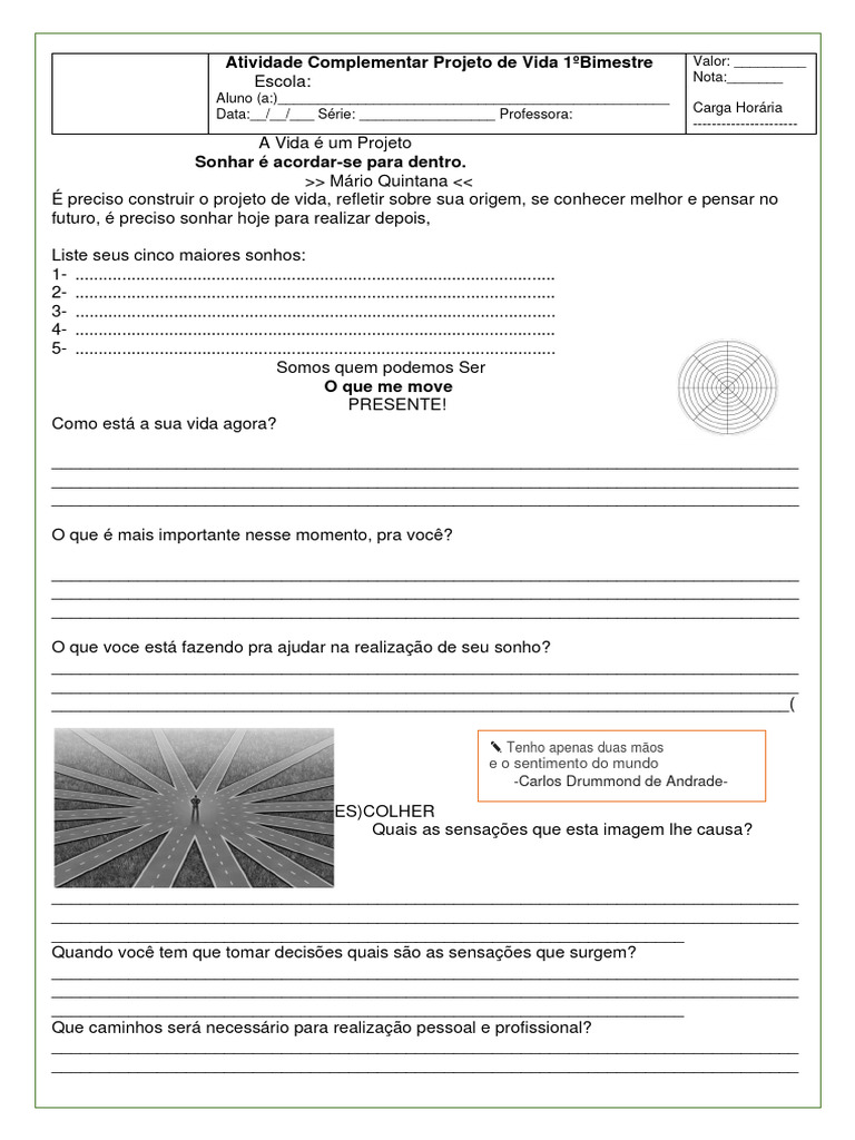 Projeto de Vida 1 Bimstre Atividade Complementar | PDF