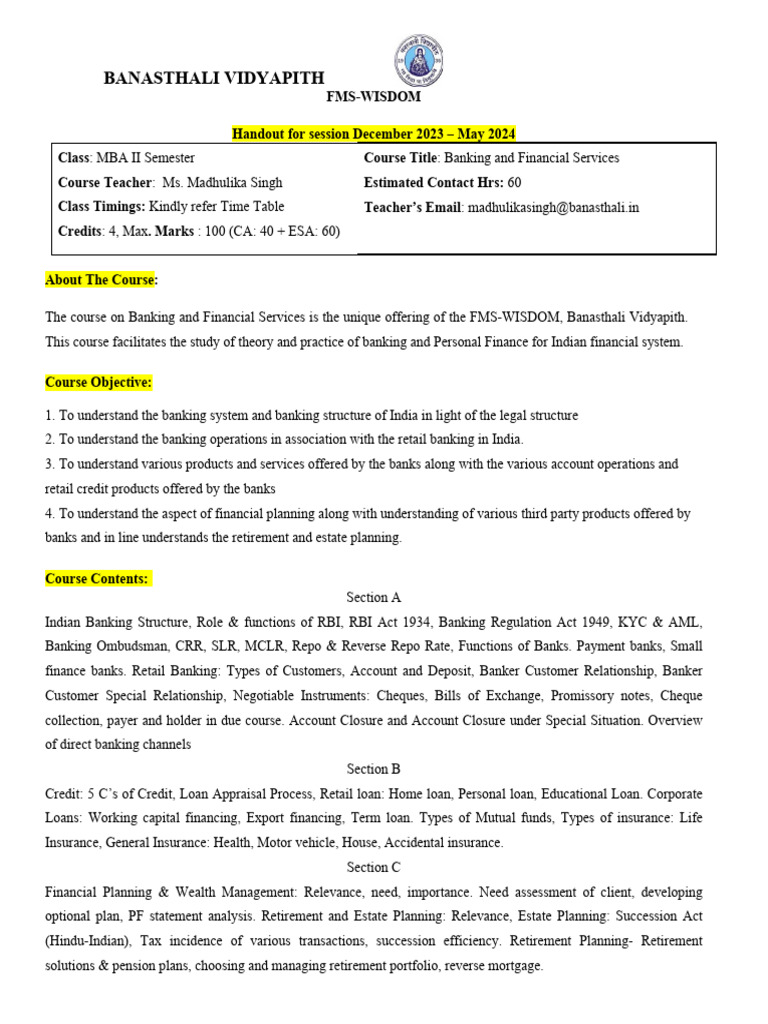 bfs handout | PDF | Banks | Reserve Bank Of India