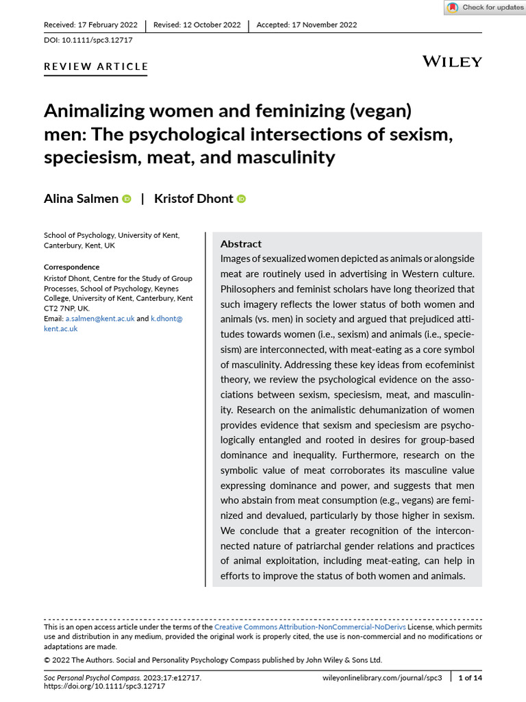 Social Personality Psych - 2022 - Salmen - Animalizing Women and ... Social Personality Psych - 2022 - Salmen - Animalizing Women and ...