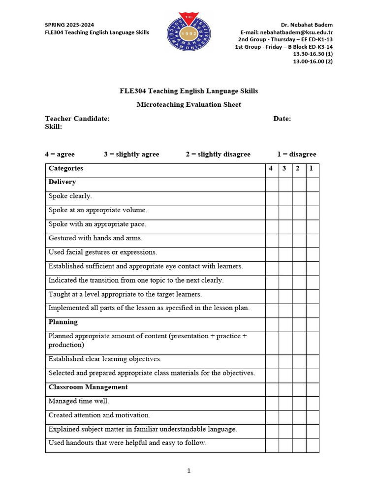 Microteaching Evaluation Form 1 | PDF | Teachers | Learning