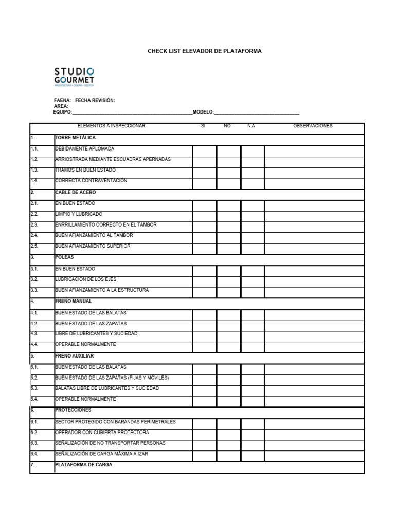 Checklist Elevador Plataforma | PDF | Ingeniería de Edificación | Electricidad