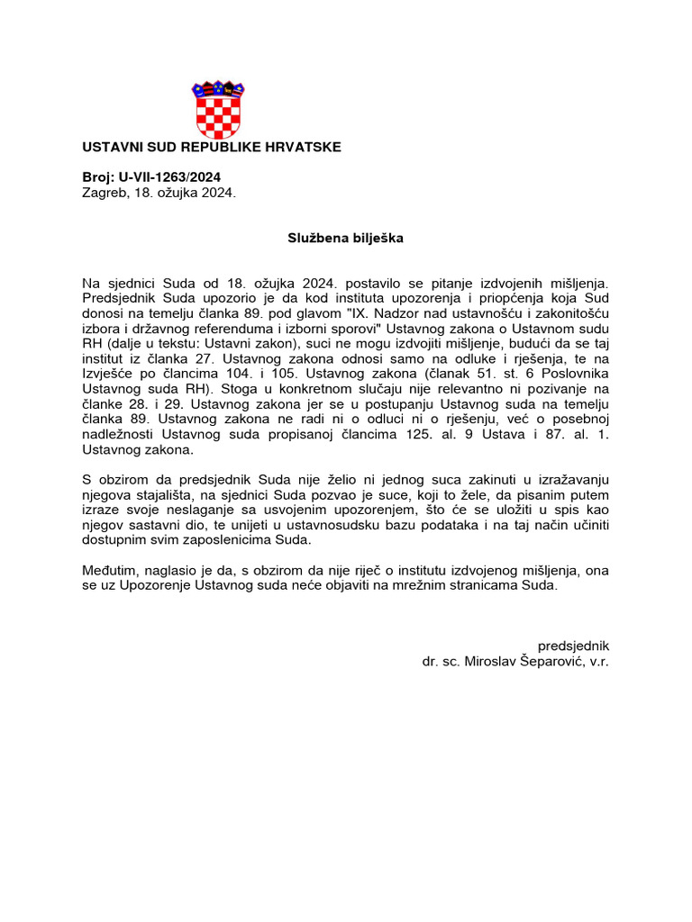 Službena Bilješka Od 18.3.24. - Institut Izdvojenih Mišljenja | PDF