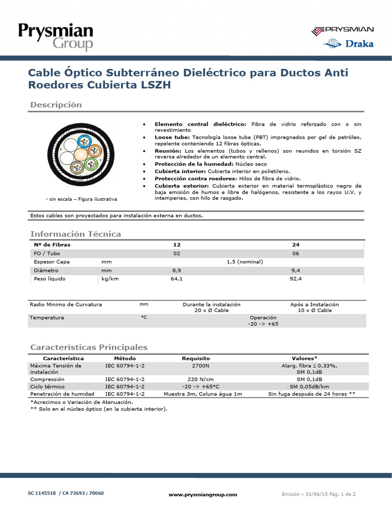 Ficha Tecnica Fibra Ducto 12F y 24F SM - PRYSMIAN | PDF | Fibra óptica ...