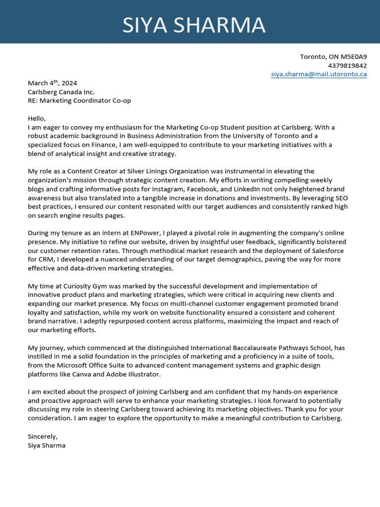 COVER LETTER - Siya Sharma Carlsberg | PDF | Marketing | Marketing Strategy