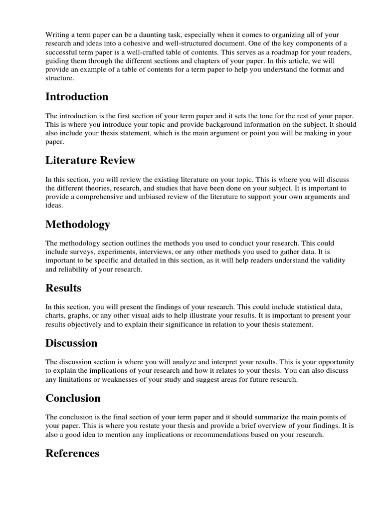 Table of Contents Term Paper Example | PDF | Apa Style | Thesis