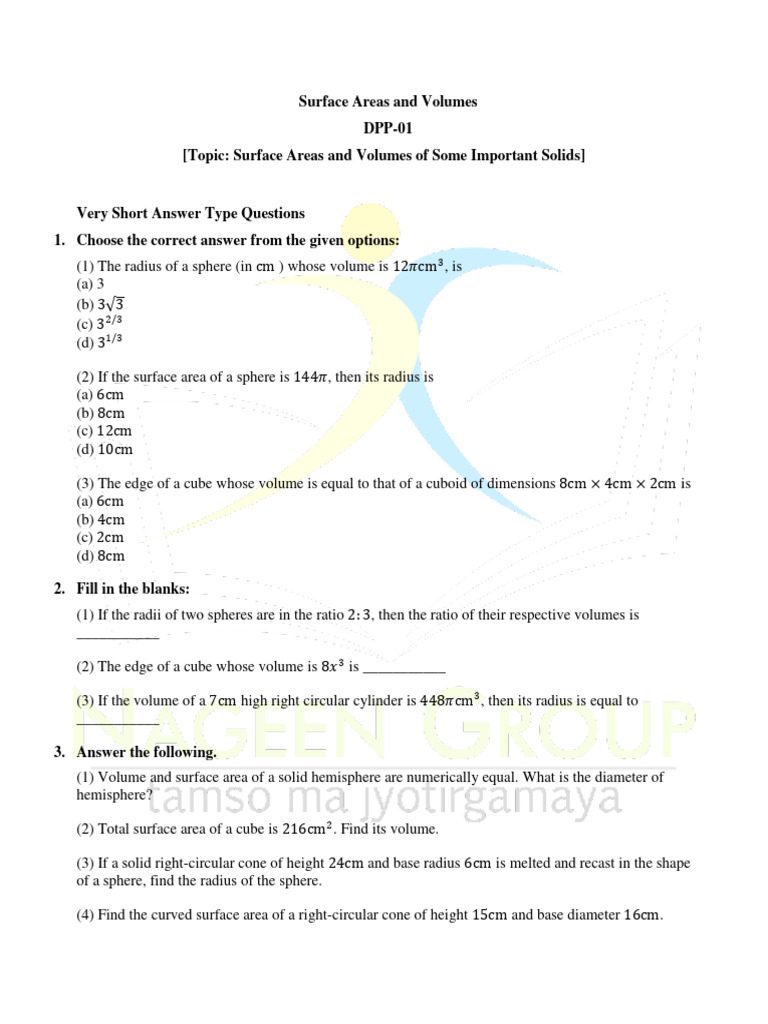 Surface Areas & Volumes: DPP-01 | PDF | Sphere | Euclidean Geometry