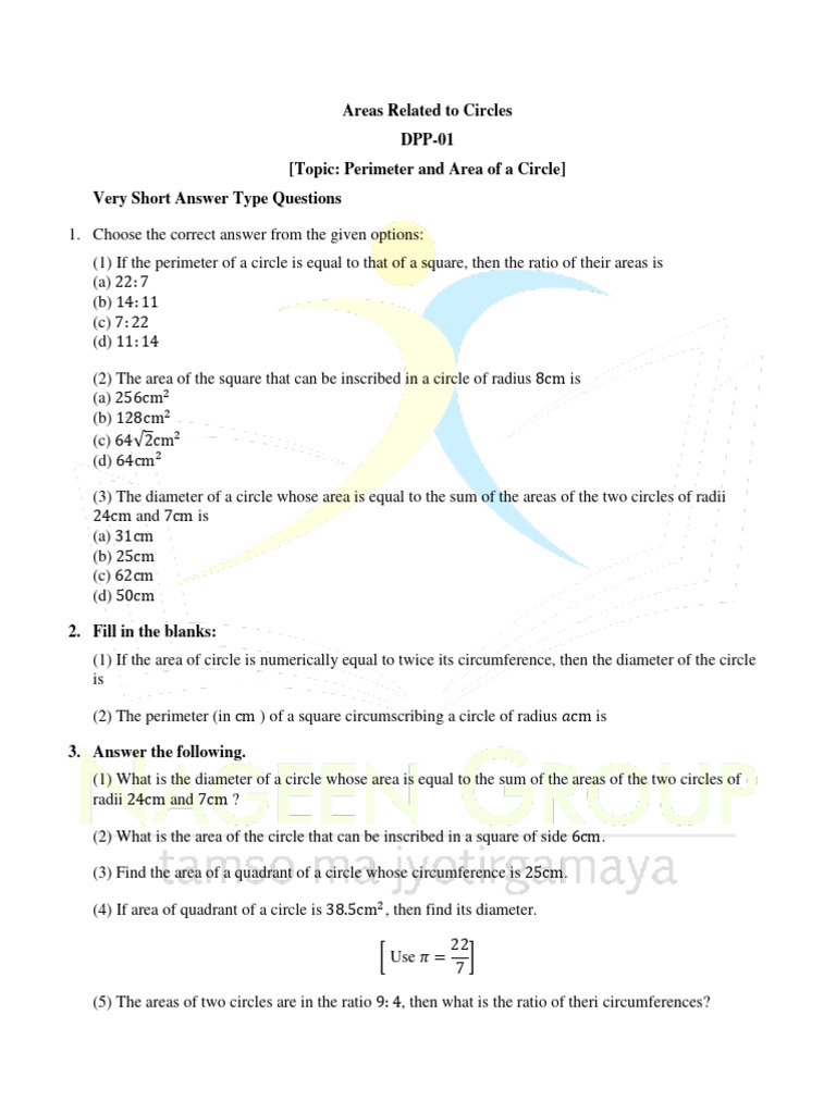 Area Calculations for Circles and Quadrants | PDF | Area | Circle