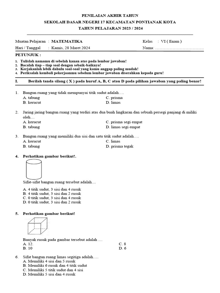 Soal Matematika Kelas 6 SD 2024 | PDF