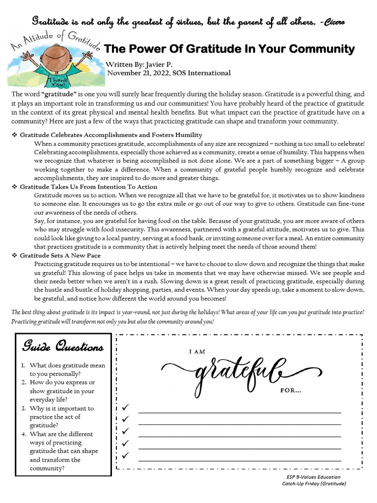 CATCH-UP FRIDAY-GRATITUDE (Reading Materials&Task Sheet) | Download ...