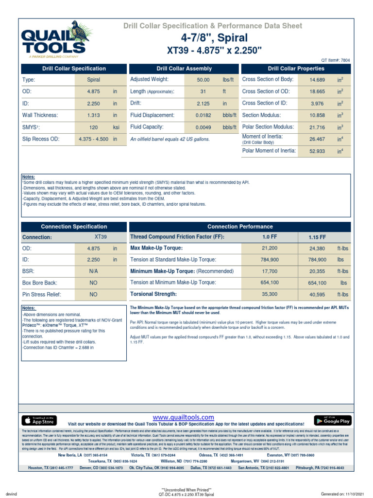 QT-DC 4.875 X 2.250 XT39 Spiral | PDF | Barrel (Unit) | Stress (Mechanics)