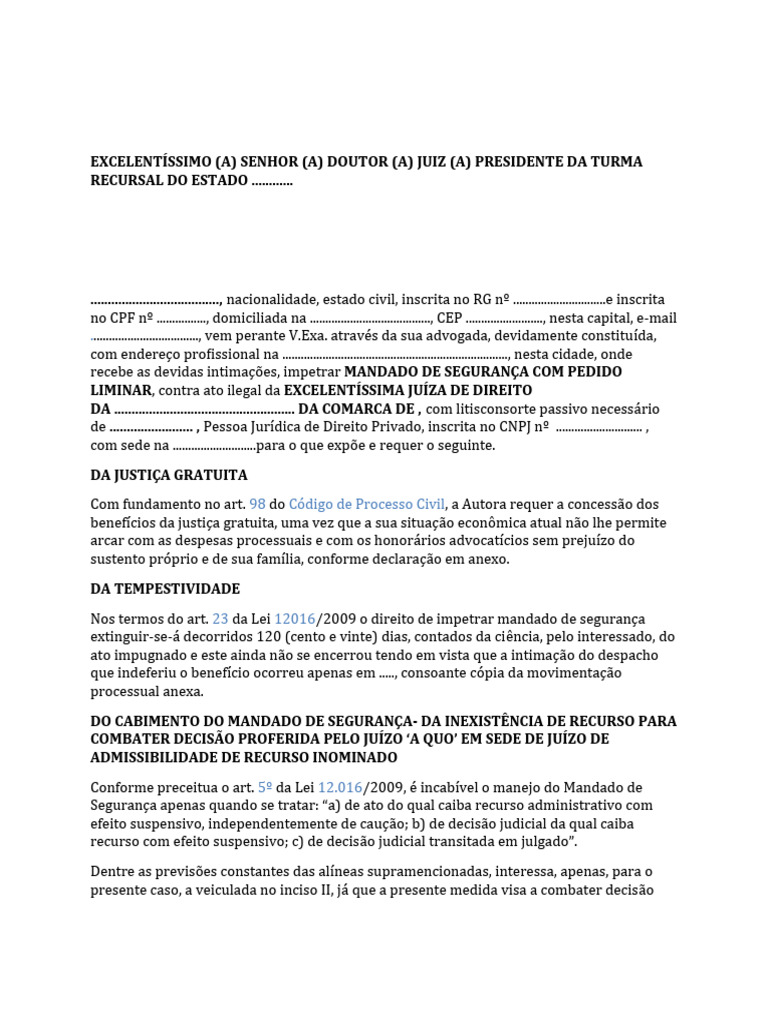 Mandado de Segurança: Justiça Gratuita | PDF | Mandamus | Direito Comum