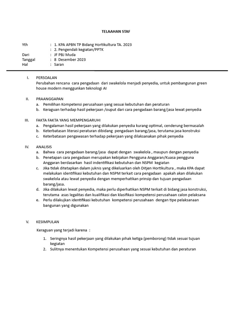 TELAAHAN STAF swakelola | PDF