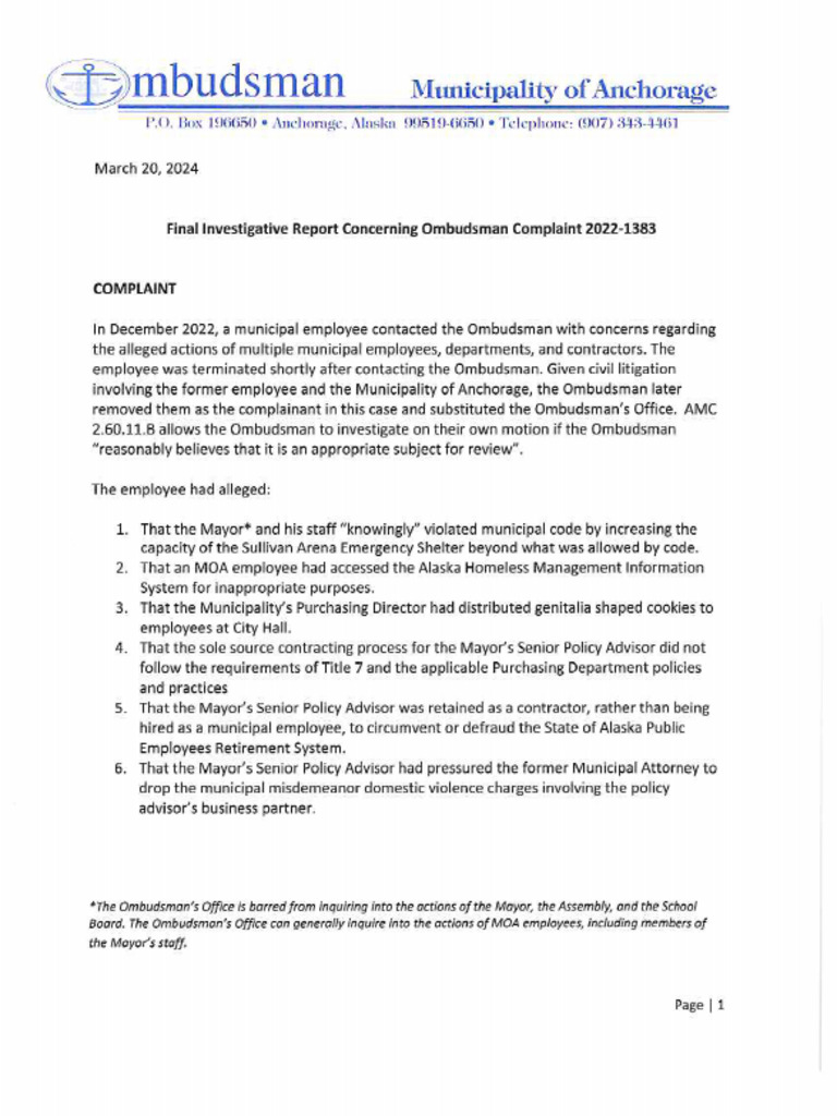 Final Investigative Report Concerning Ombudsman Complaints | PDF