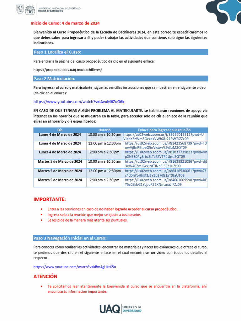 Curso Propedéutico Bachilleres UAQ 2024 | PDF